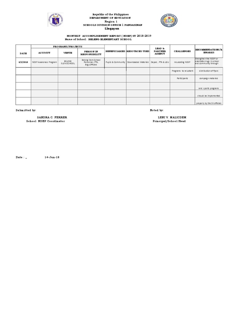 NDEP Monthly Report for Beleng School | PDF | Philippines | Government
