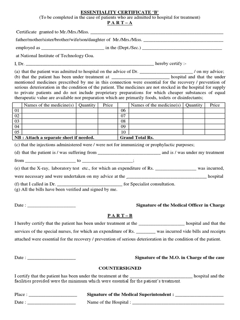 Essentiality Certificate B for Medical Claims | PDF | Hospital | Patient