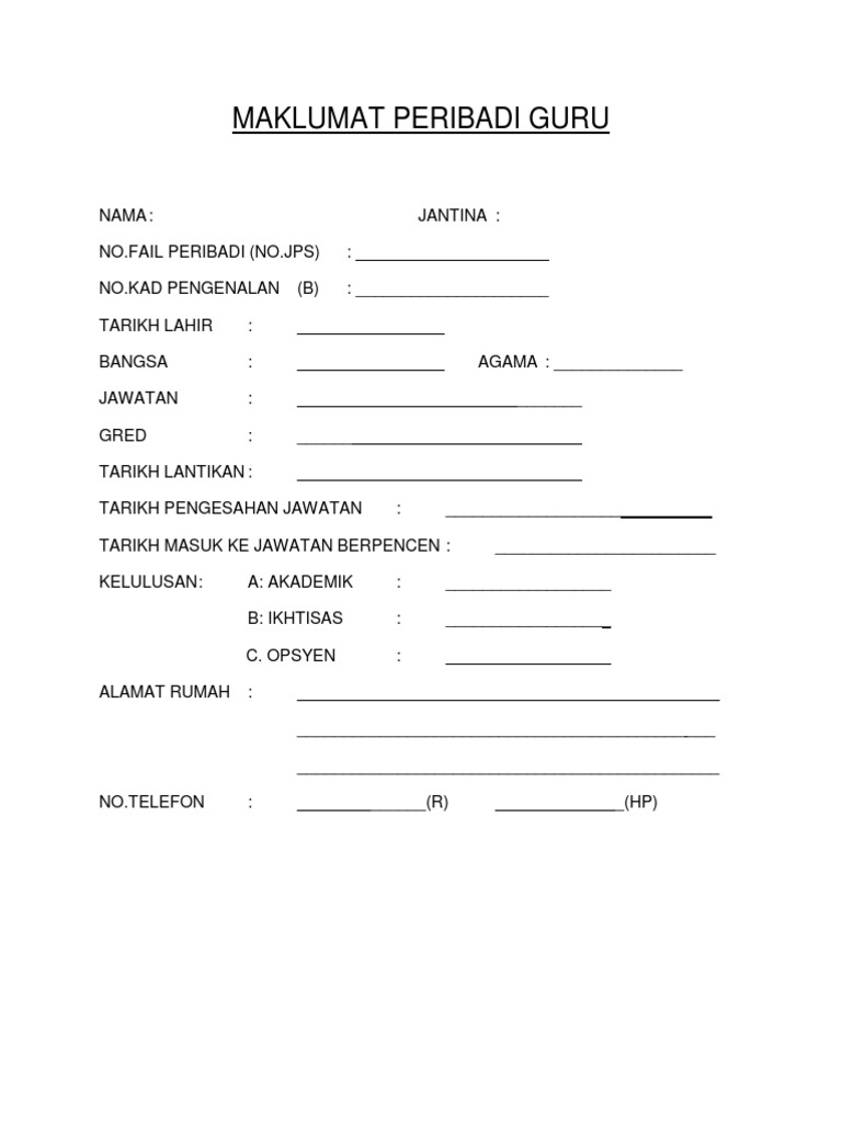 Maklumat Peribadi Guru Template | PDF