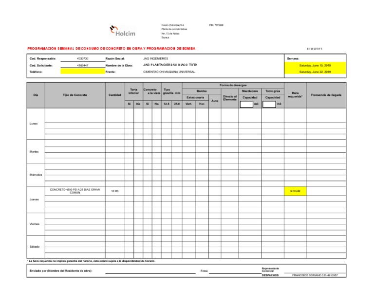 Formato de Programacion Concreto Holcim - 20 - Junio - 19 | PDF | Business