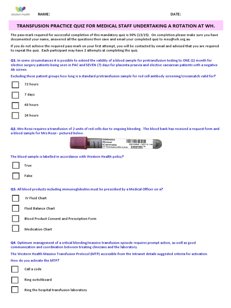 Blood Transfusion Practice Quiz | PDF | Blood Transfusion | Blood