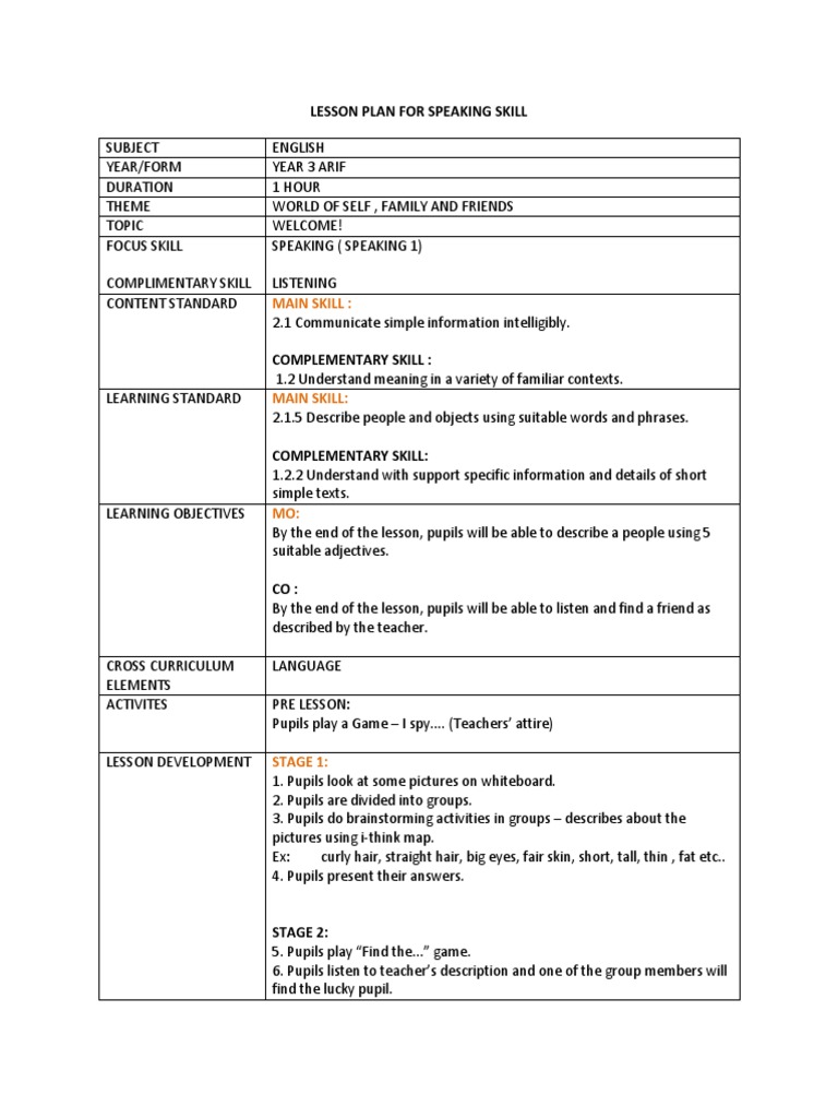 Lesson Plan For Speaking Skills | PDF