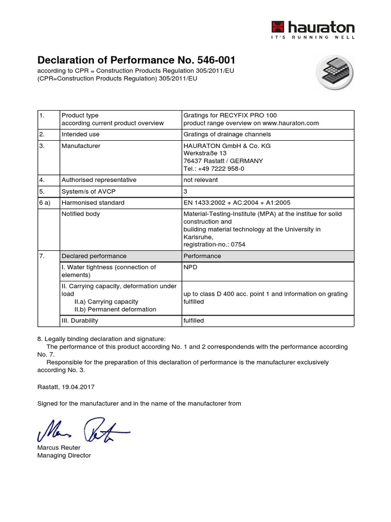 Declaration of Performance No. 546-001 | PDF
