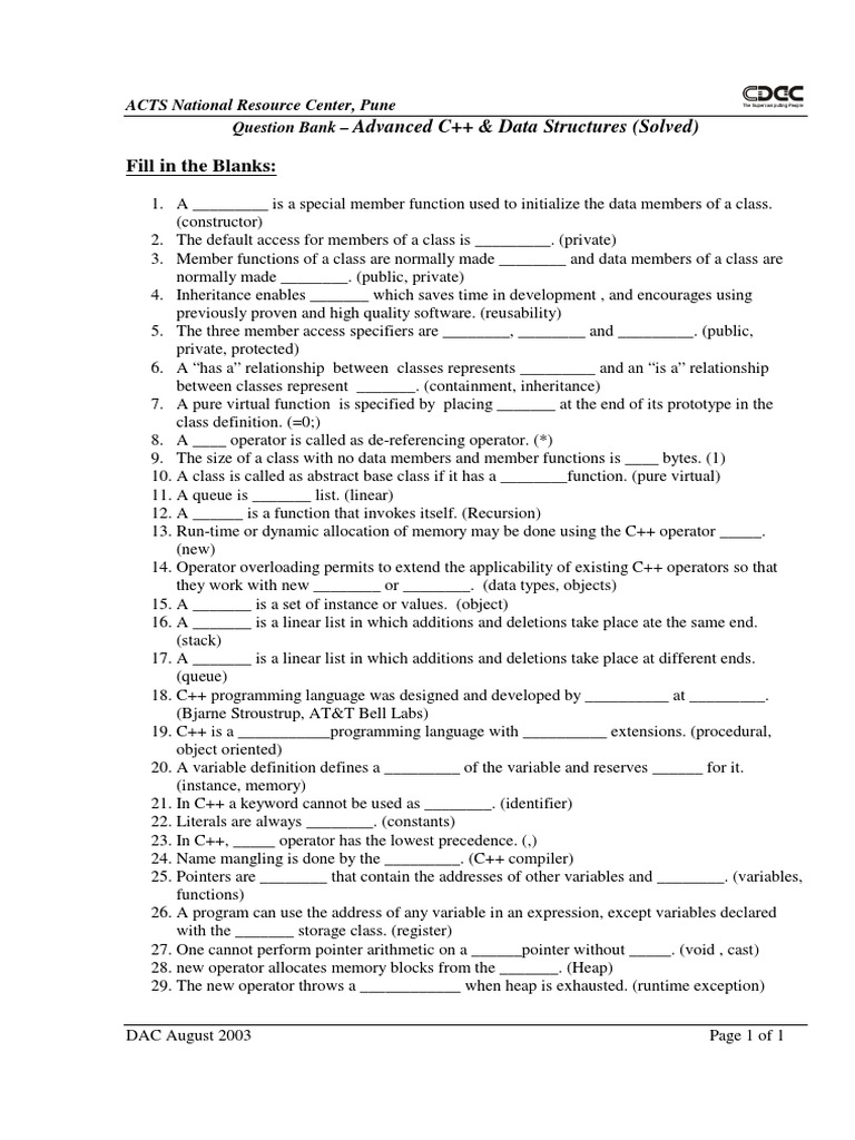 Fill in The Blanks:: Advanced C++ & Data Structures (Solved) | PDF