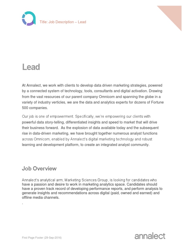 Annalect - Lead - Bangalore PDF | PDF | Analytics | Marketing