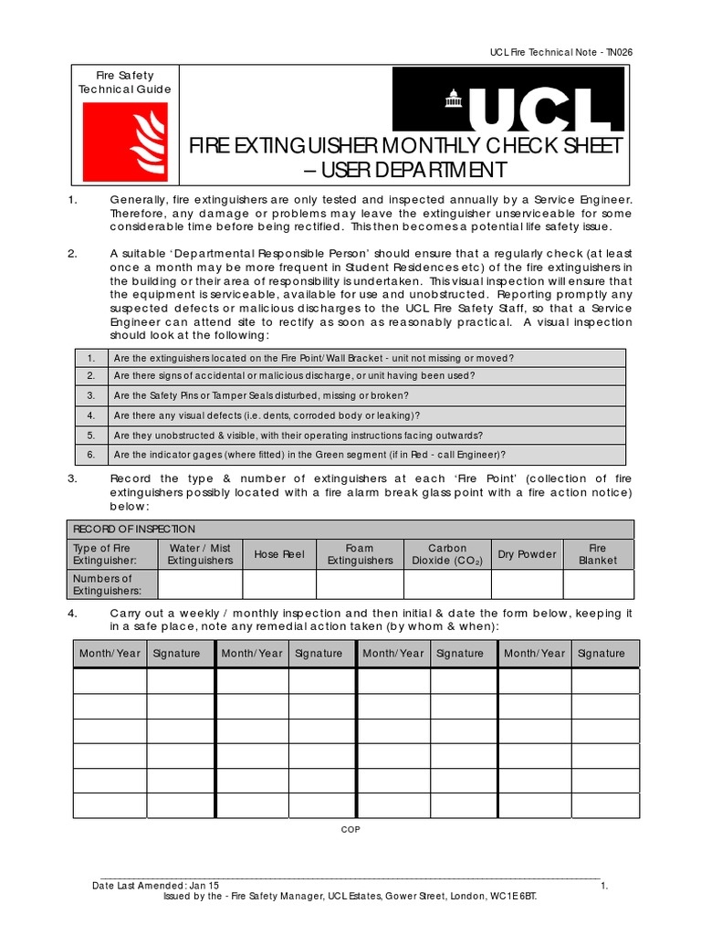 Fire Extinguisher Monthly Check Sheet - User Department: UCL Fire ...