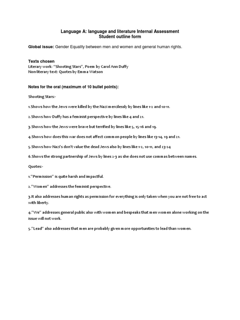 Student Outline Form For IB Internal Oral For English SL | PDF