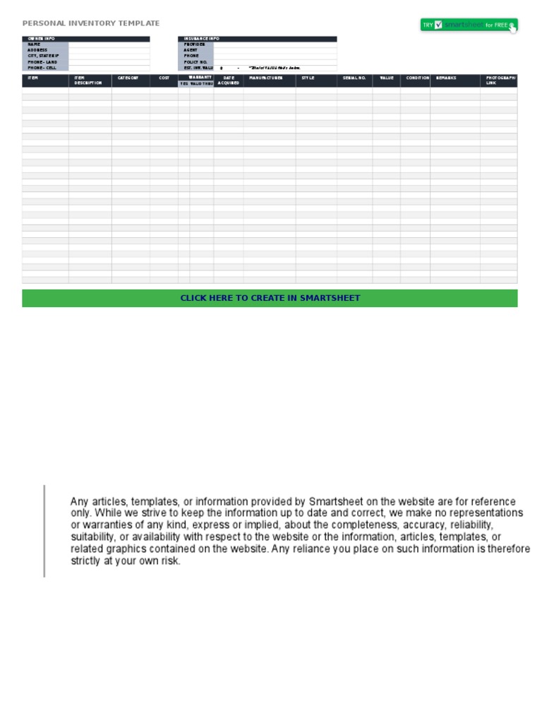 Smartsheet Personal Inventory Template | PDF
