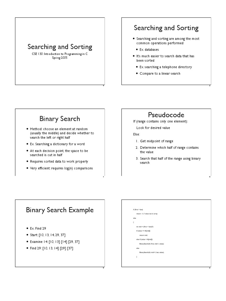 Searching And Sorting Cse 130 Introduction To Programming In C Spring 2005 Pdf Computer