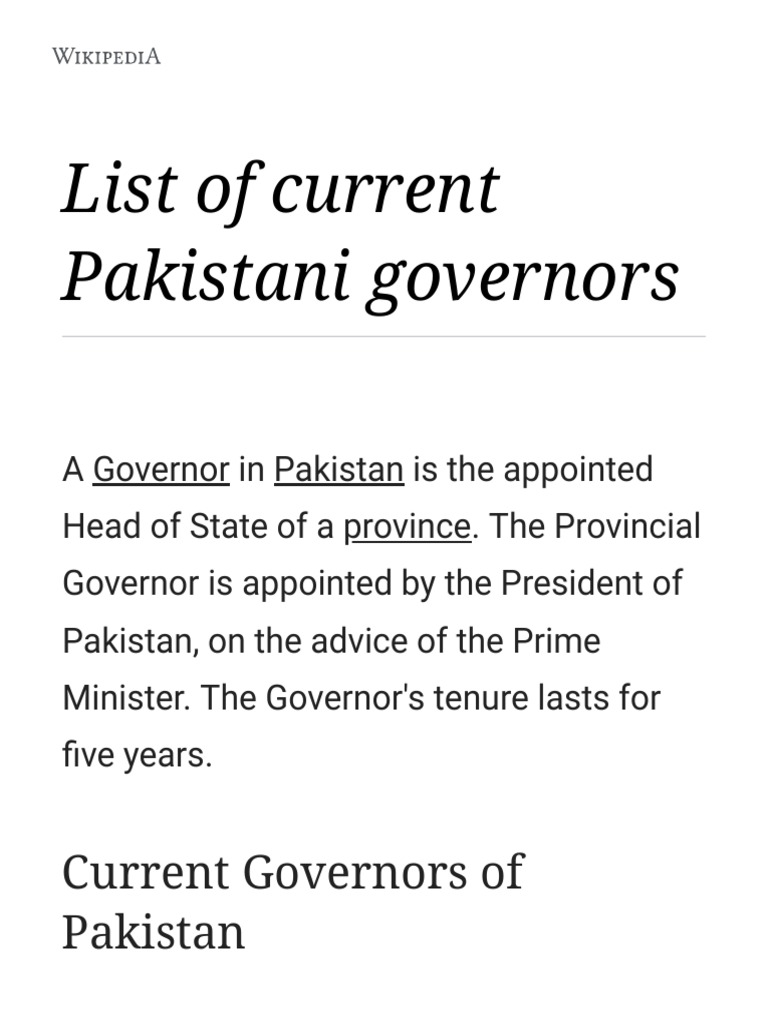 List of Current Pakistani Governors - Wikipedia | PDF | Pakistan ...
