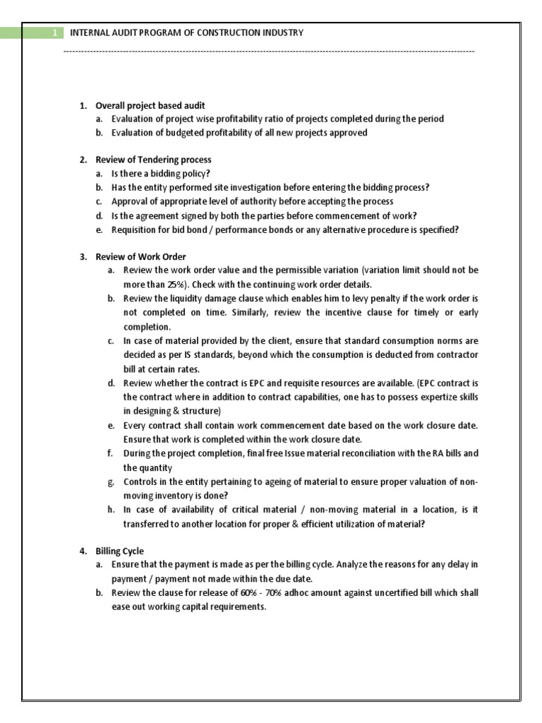 Audit Program For Internal Audit of Construction Industry | PDF ...