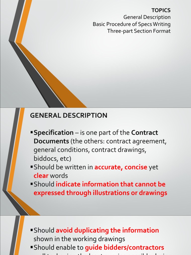 General Description Basic Procedure of Specs Writing Three-Part Section ...