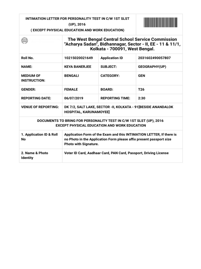 Intimation Letter for Personality Test in C/W 1st SLST (UP), 2016 ...