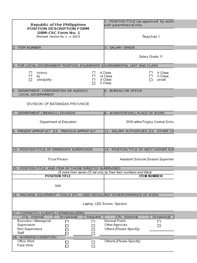Republic of The Philippines Position Description Form DBM-CSC Form No ...