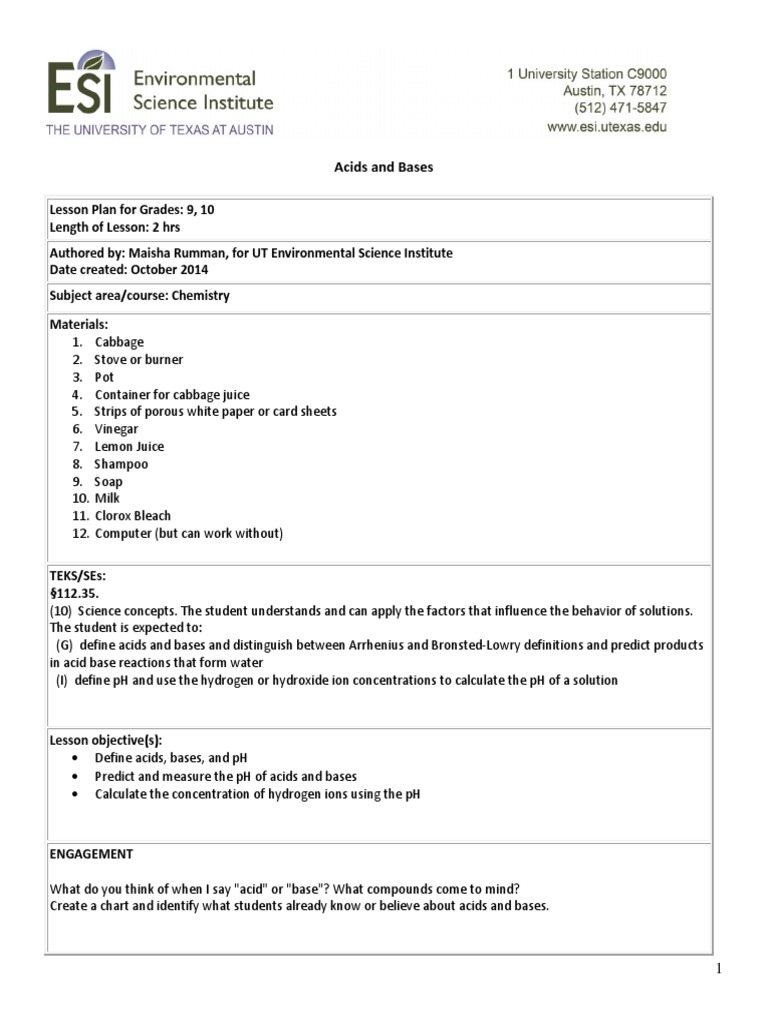 High School Chemistry: Acids and Bases Lesson Plan | PDF | Ph | Acid