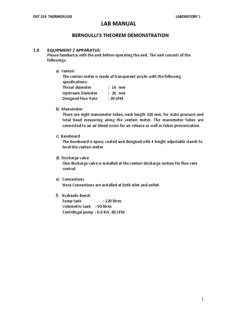 LAB1 Bernoullis Theorem Manual 1 | PDF | Fluid Dynamics | Pressure LAB1 Bernoullis Theorem Manual 1 | PDF | Fluid Dynamics | Pressure