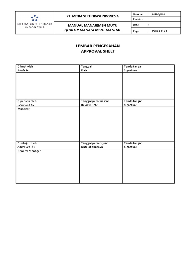 Lembar Pengesahan Approval Sheet: Quality Management Manual | PDF | Iso ...