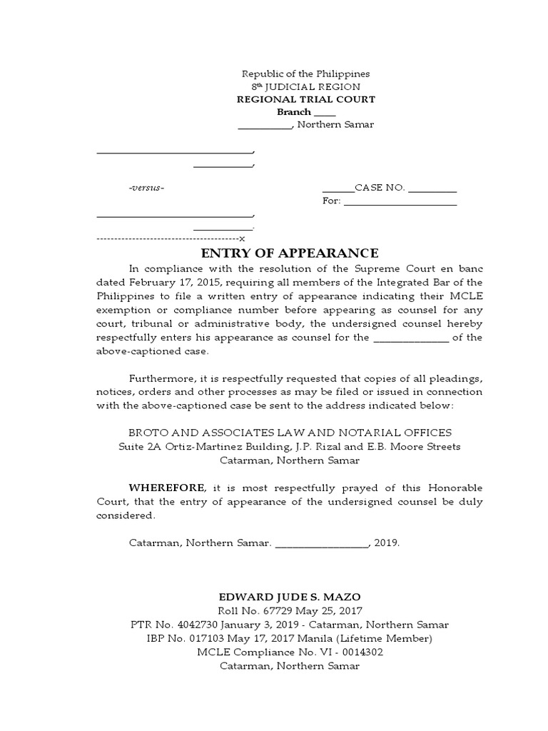 Entry of Appearance: Regional Trial Court Branch | PDF