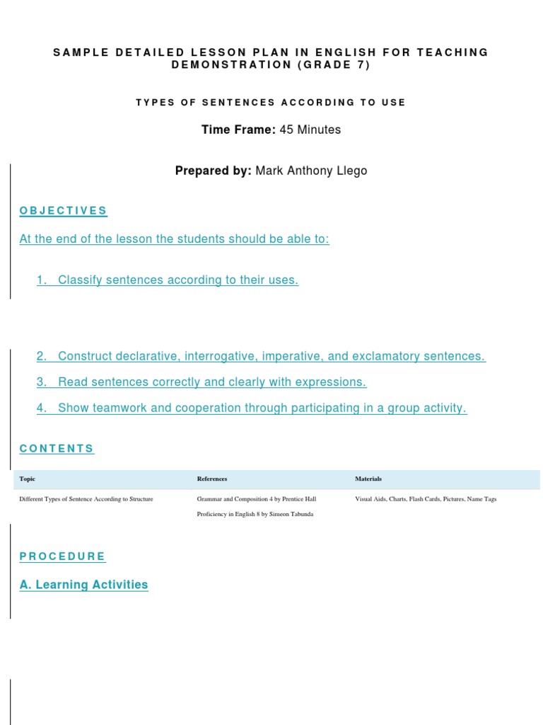 Sample Detailed Lesson Plan in English For Teaching Demonstration | PDF ...