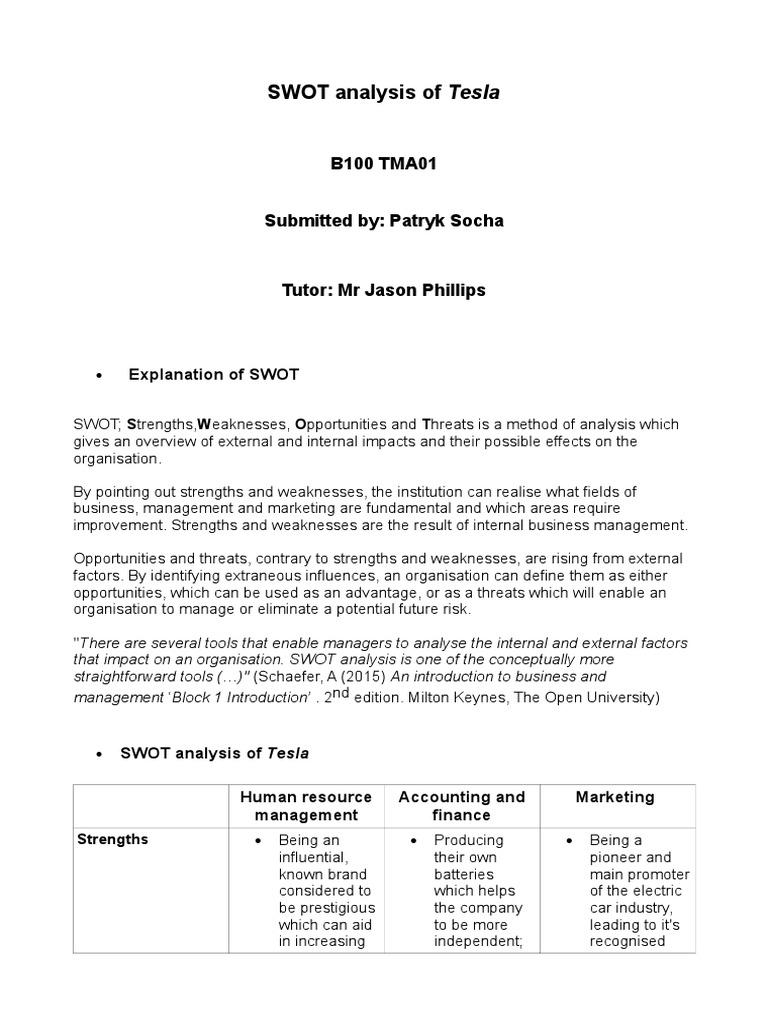 SWOT Analysis of Tesla: B100 TMA01 | PDF | Swot Analysis | Supply Chain