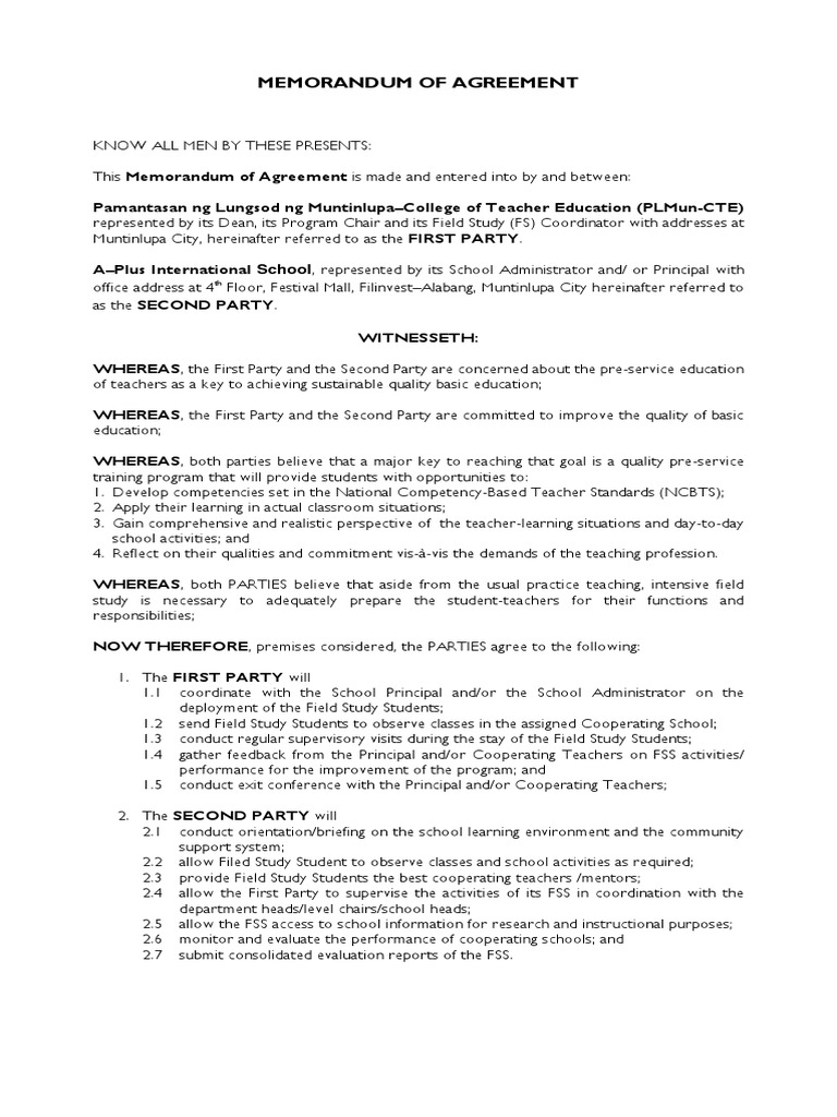 Field Study Memorandum of Agreement CTP TEMPLATE | PDF | Pedagogy ...