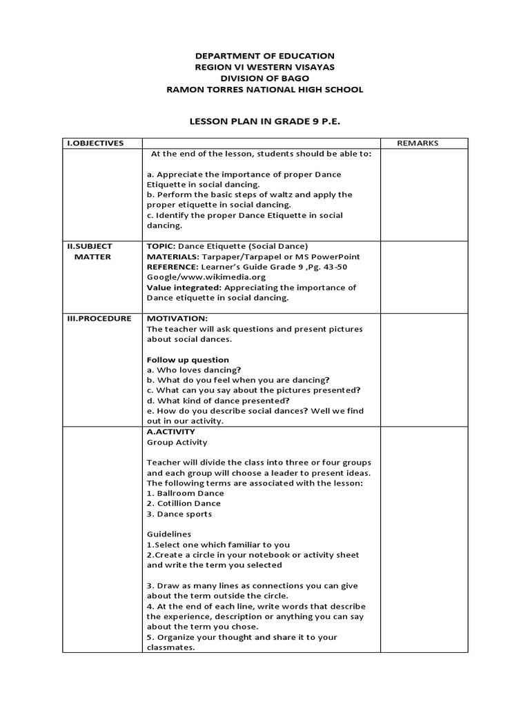 Lesson Plan Social Dance | PDF | Dances | Etiquette