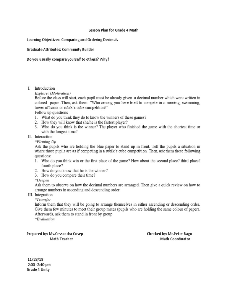 Explore: (Motivation) : Lesson Plan For Grade 4 Math | PDF
