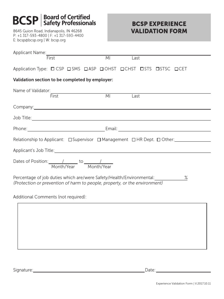Validation of Safety Experience for BCSP Certification Application ...