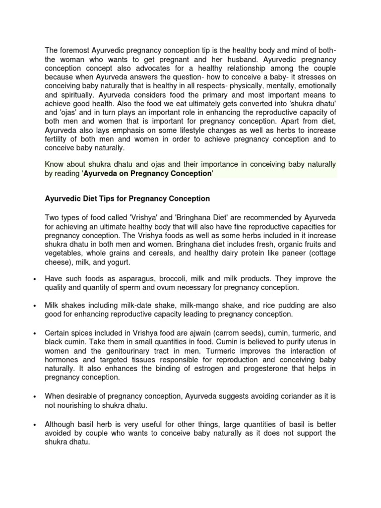 Ayurvedic Diet Tips For Pregnancy Conception | PDF | Fertilisation ...
