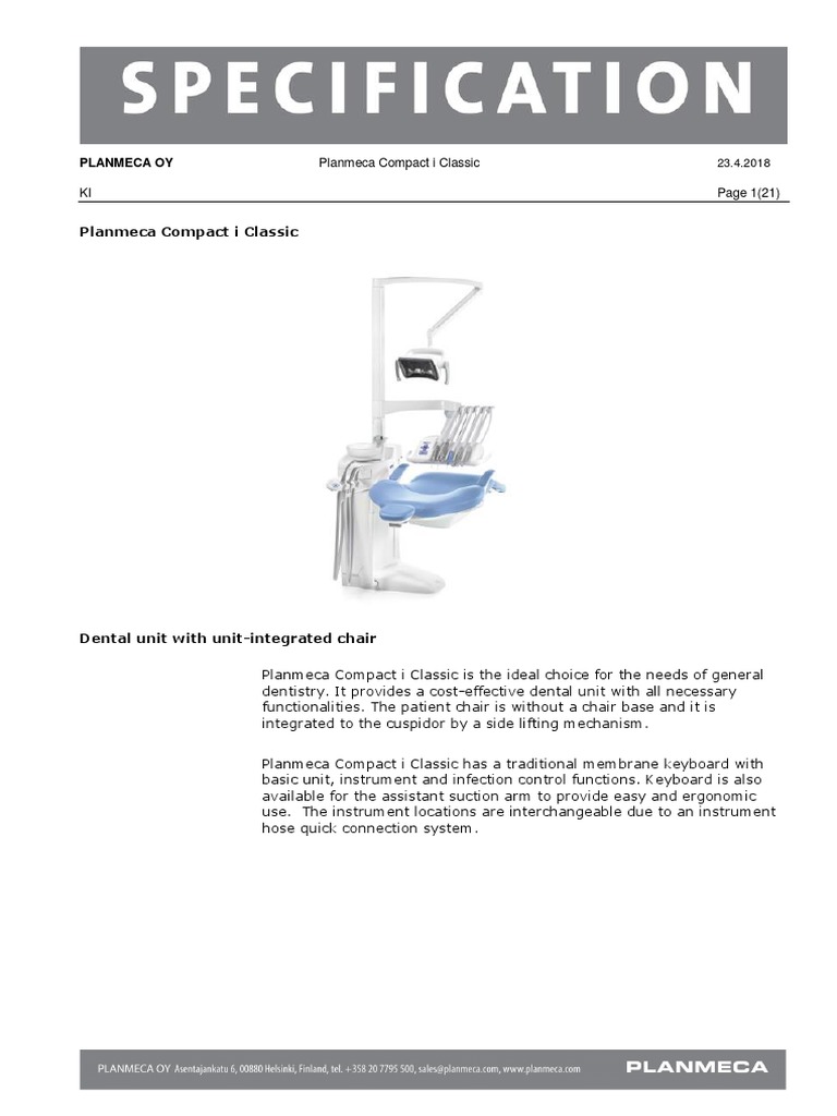 Planmeca Compact I Classic Specification-1 | PDF | Chair | Mains ...
