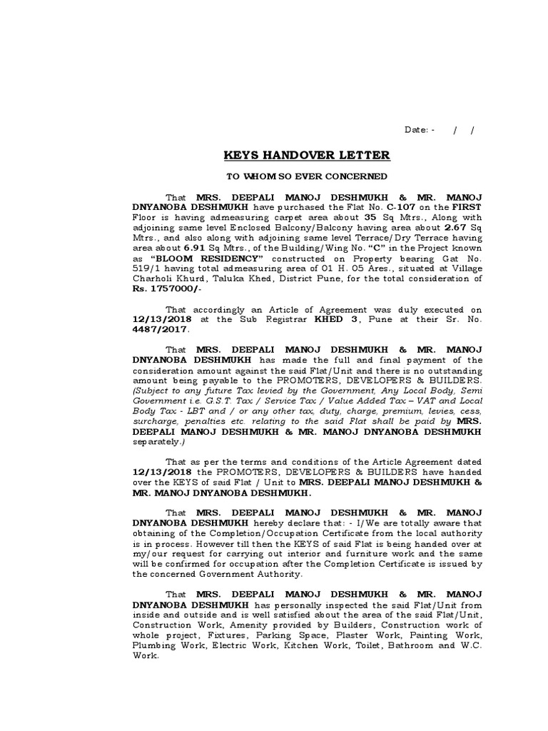 Key Handover Letter Format | PDF | Value Added Tax | Payments