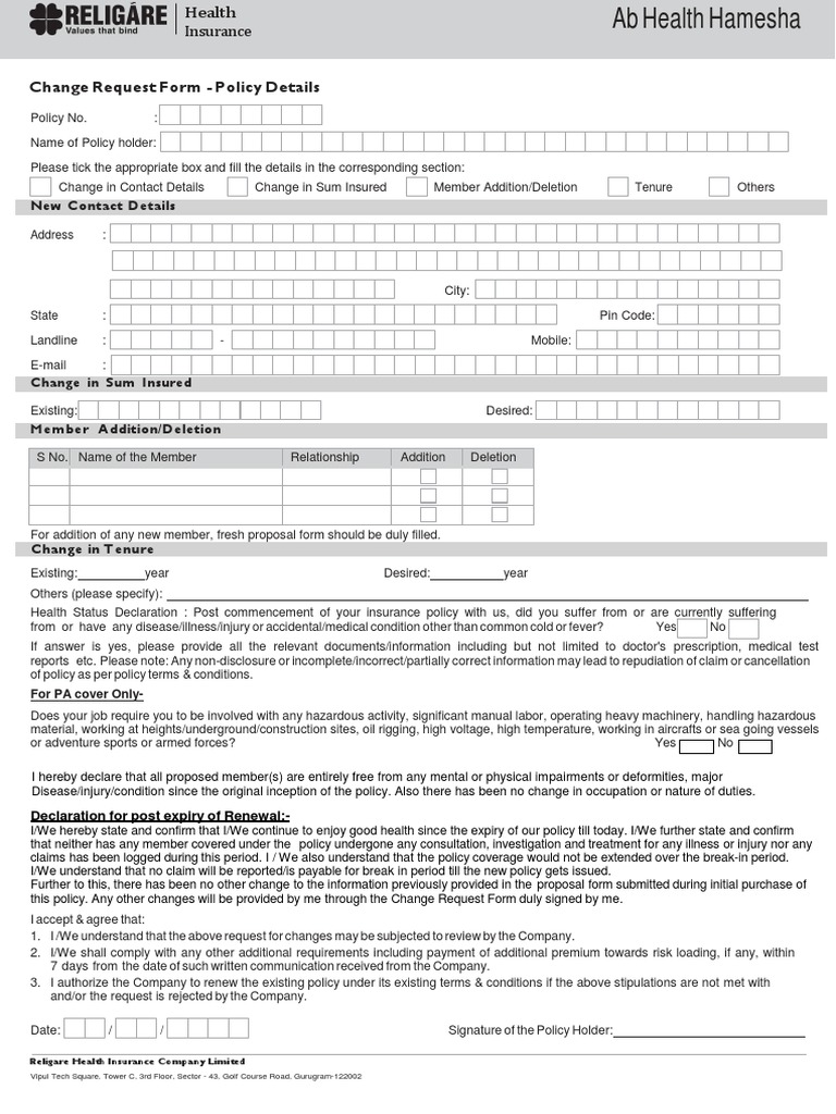 Change Request Form Cum NCD | Download Free PDF | Insurance Policy ...