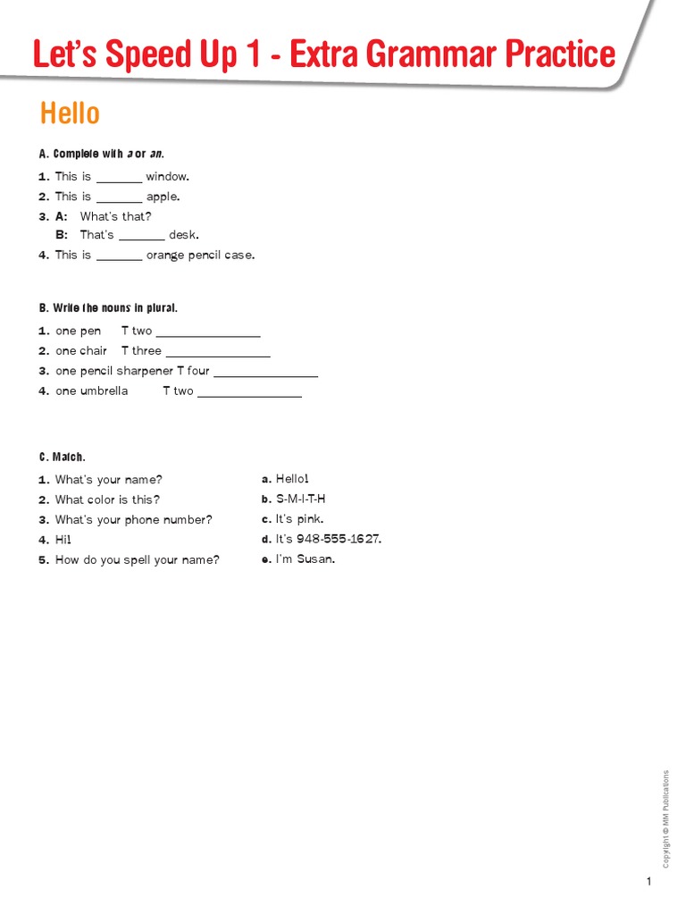 Let's Speed Up 1 - Extra Grammar Practice: Hello | PDF | Linguistic ...
