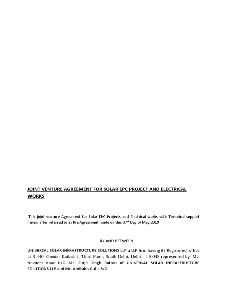 Joint Venture Agreement For Solar Epc Project and Electrical Works ...