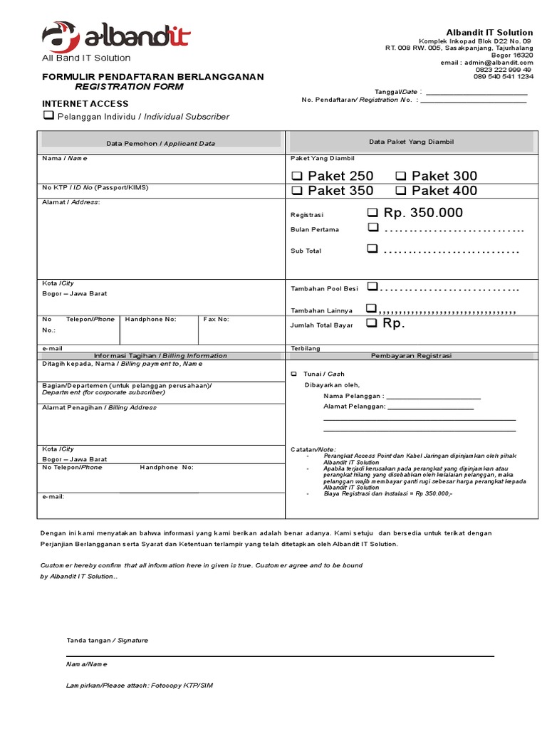 Formulir Pendaftaran Internet Albandit | PDF