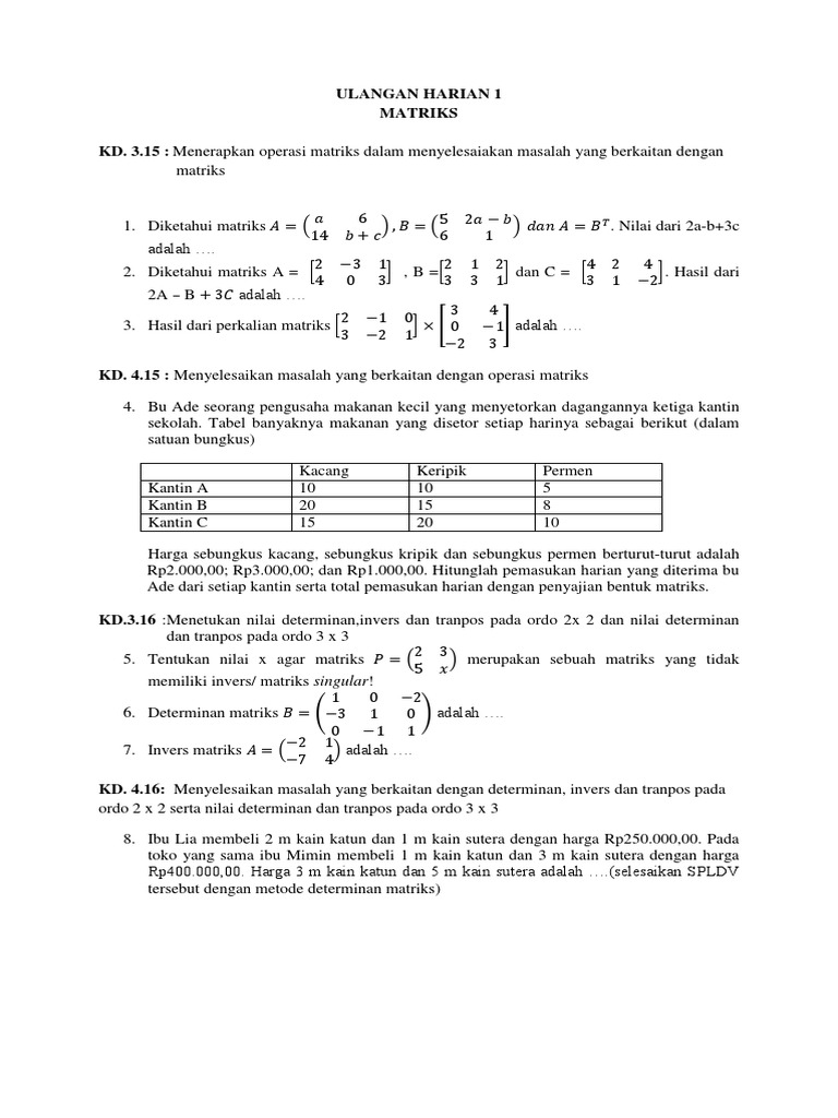 Soal Ulangan Harian Matriks Kelas 11 | PDF