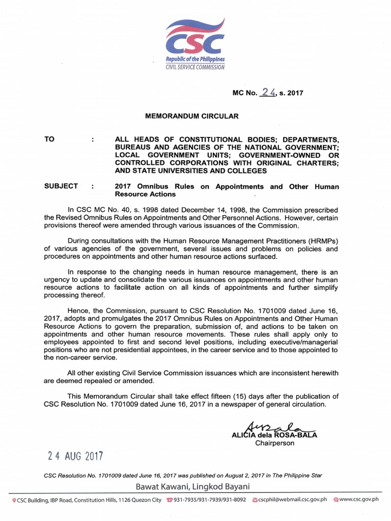 CSC MC No. 24 S. 2017 (2017 ORA OHRA) PDF | PDF