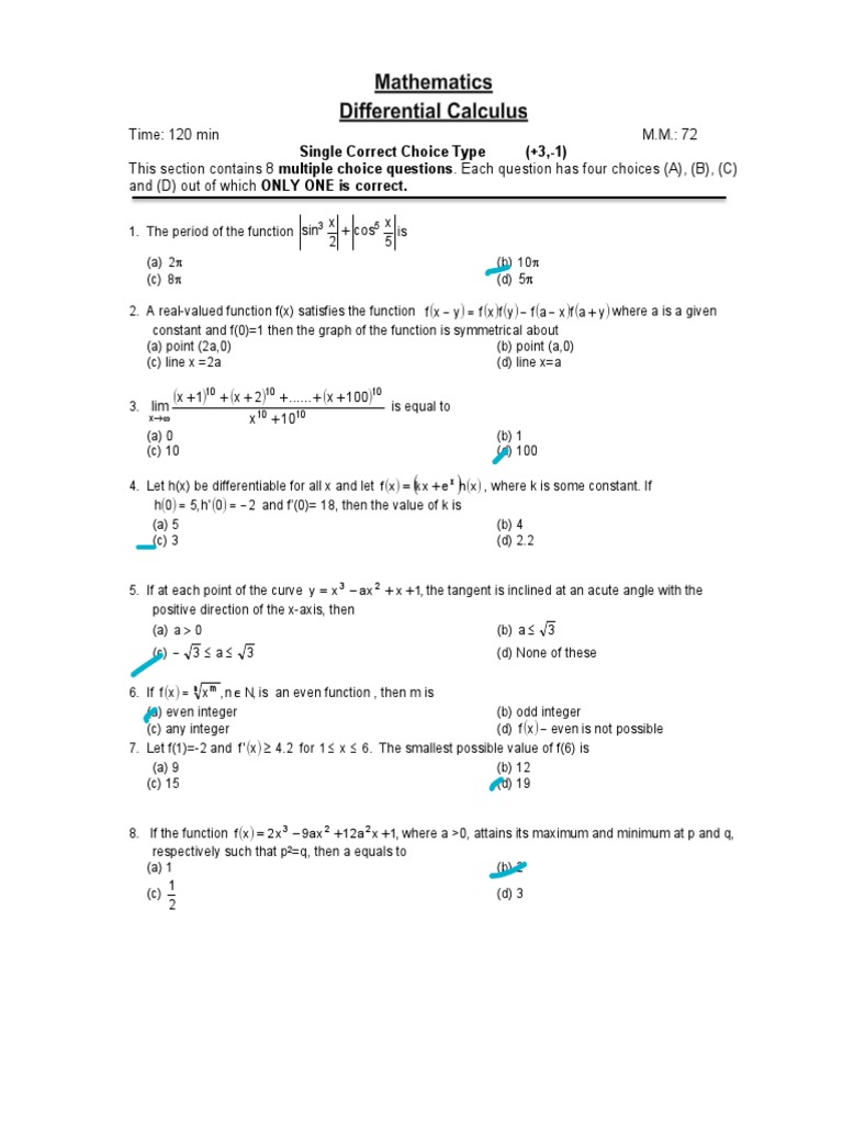 Differential Calculus Test | PDF | Function (Mathematics) | Derivative