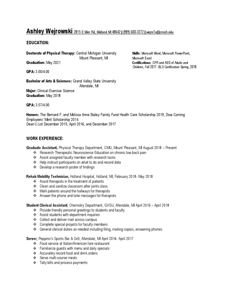 Resume PT School 2019 | PDF | Physical Therapy | Health Care