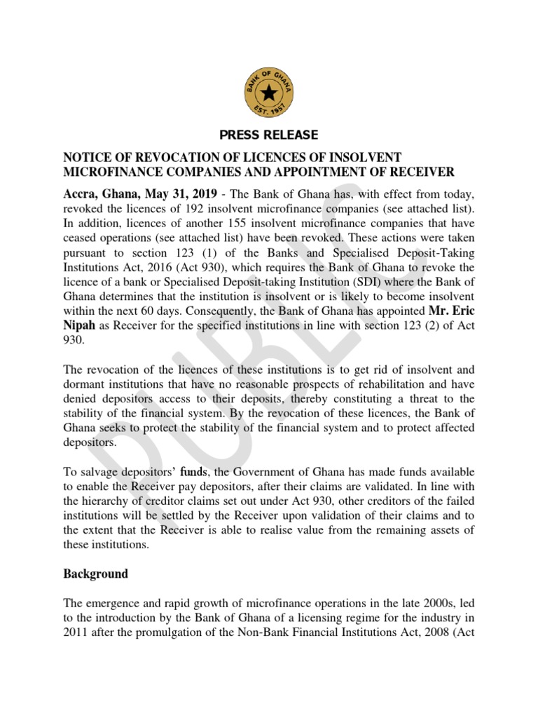 NOTICE OF REVOCATION OF LICENCES OF INSOLVENT MICROFINANCE COMPANIES ...