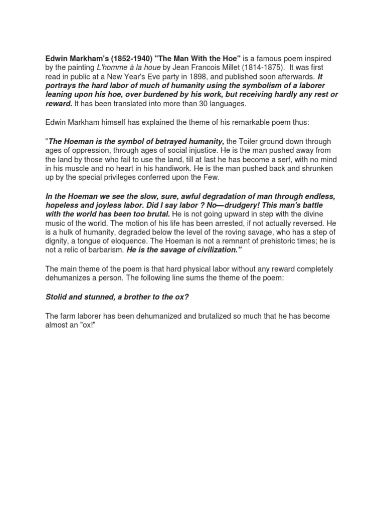 Edwin Markham's (1852-1940) "The Man With The Hoe" Is A Famous Poem ...