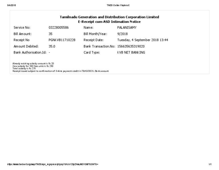 TNEB Online Payment Receipt Details | PDF