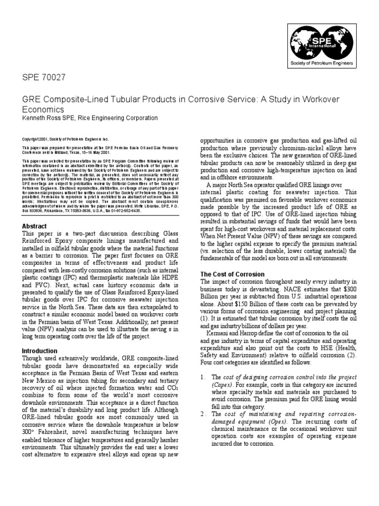 Spe 70027 02 PDF | PDF | Fiberglass | Corrosion