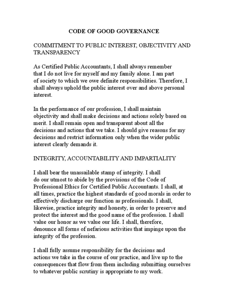 Code of Good Governance for CPAs | PDF | Integrity | Profession