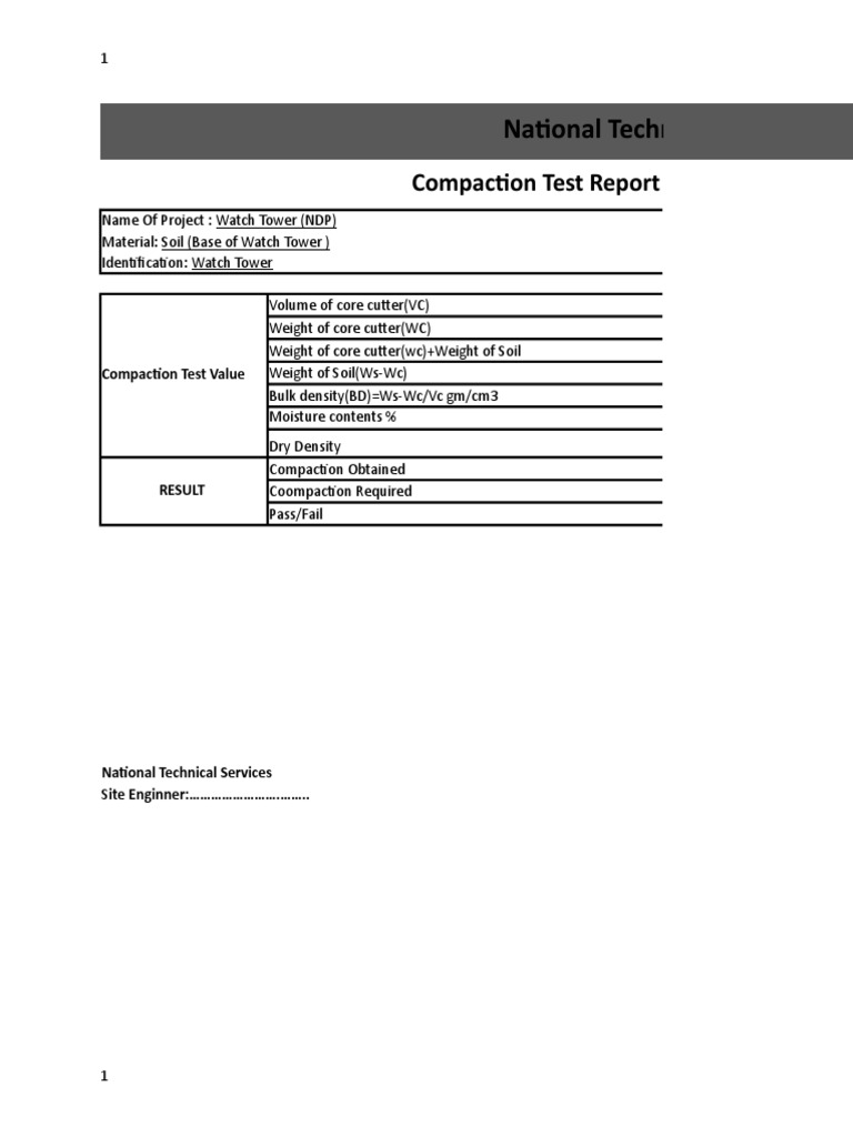 National Technical Sercices: Compaction Test Report by Core Cutter ...