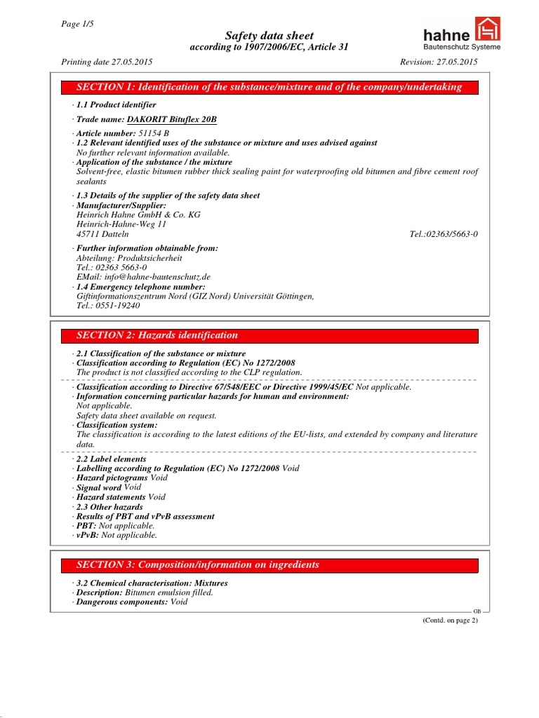 DAKORIT Bituflex 20B GHS GB PDF | PDF | Dangerous Goods | Chemistry
