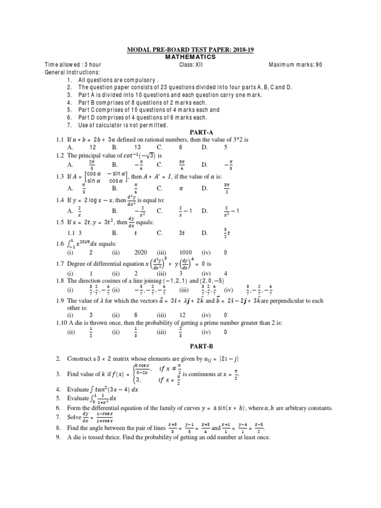 Modal Pre-Board Test Paper: 2018-19 Mathematics Time Allowed: 3 Hour ...
