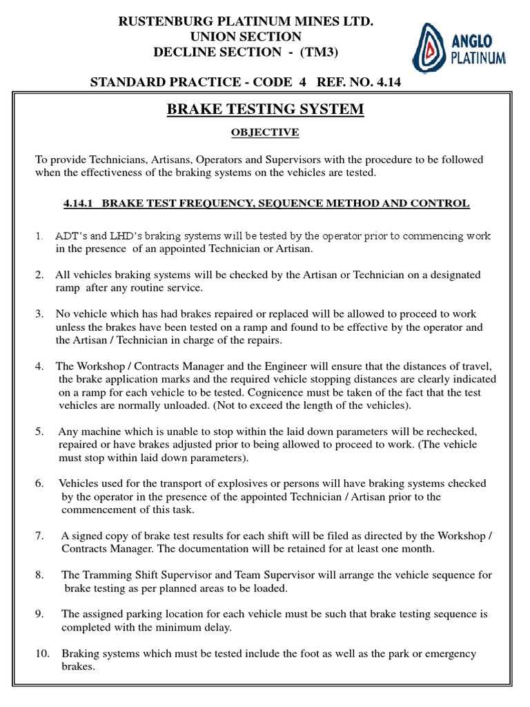 Mining Vehicle Brake Testing Protocol | PDF | Vehicles | Brake