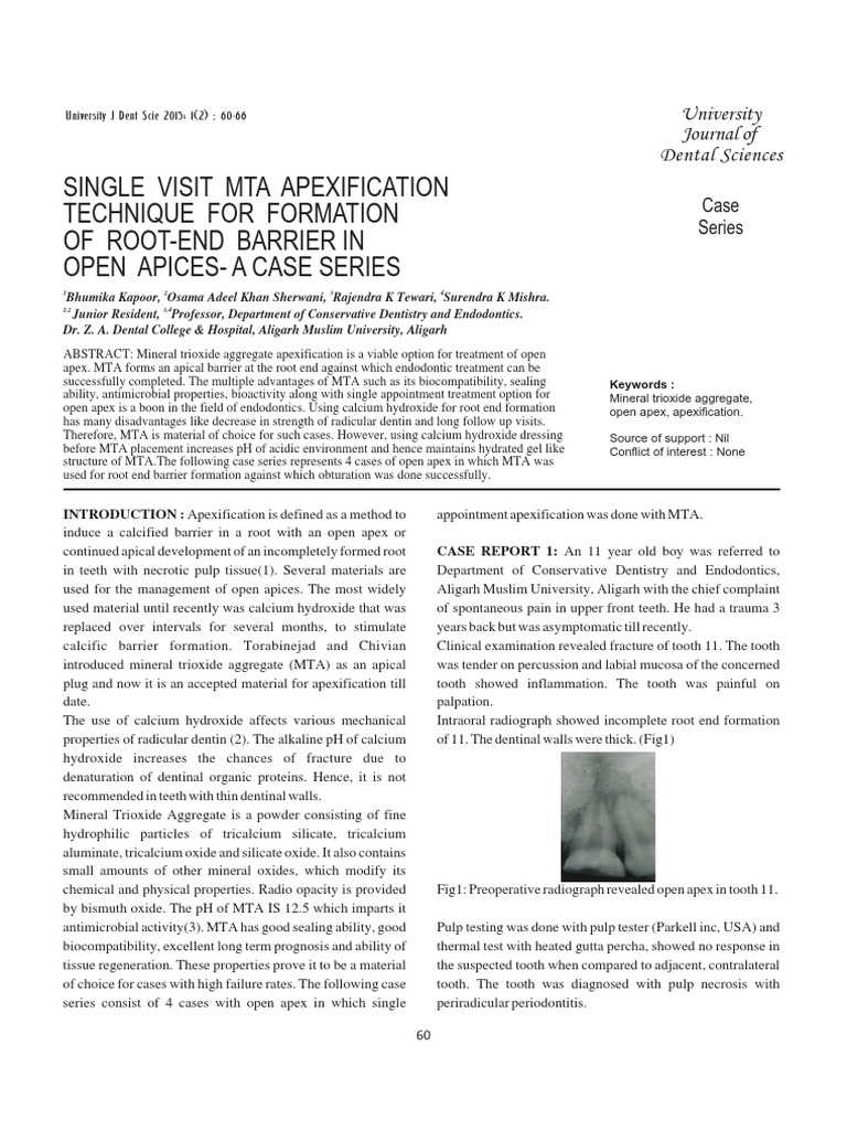 Single Visit Mta Apexification Technique For Formation of Root-End ...
