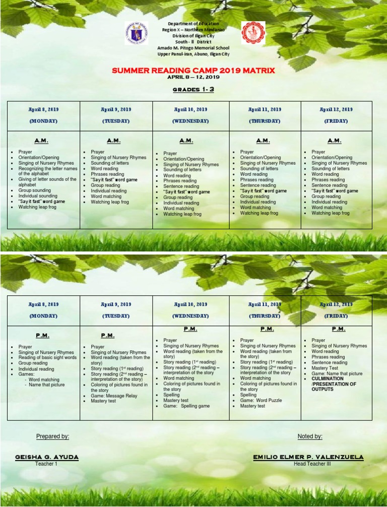 Summer Reading Camp 2019 Matrix: Grades 1-3 | PDF | Semiotics | Human ...